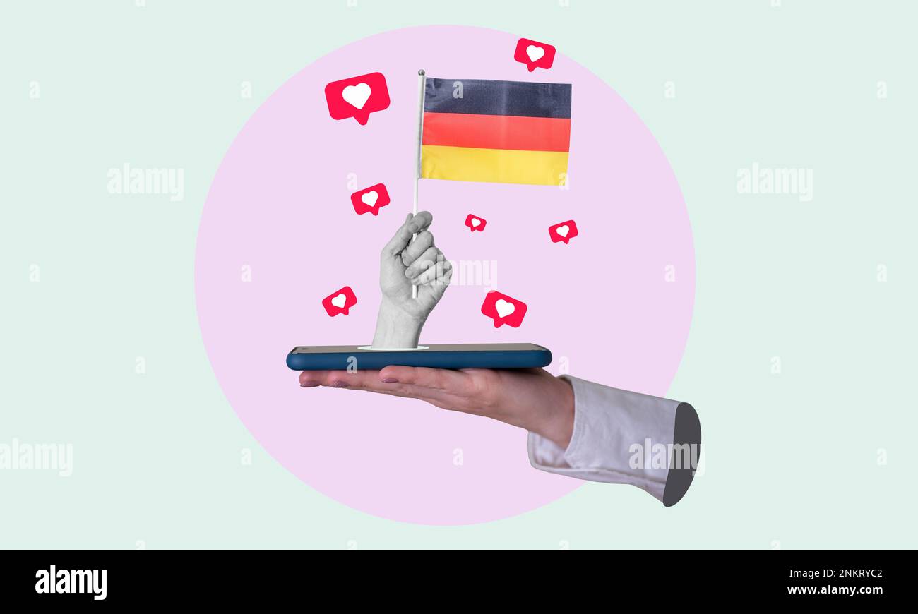 Art collage, collage of a hand holding the German flag, microphone in ...