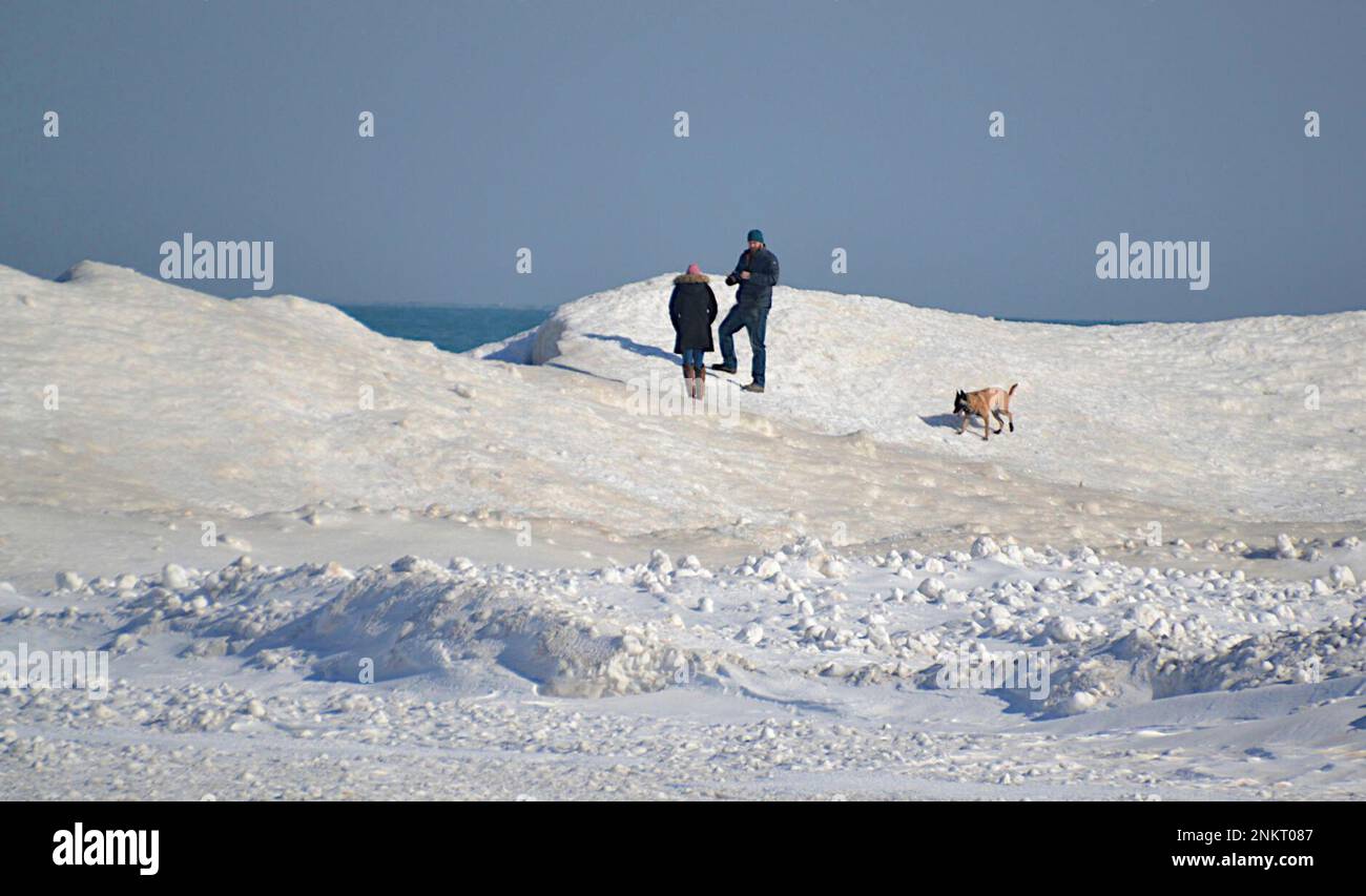 Shelf ice often lines the beaches of Lake Michigan this time of year ...