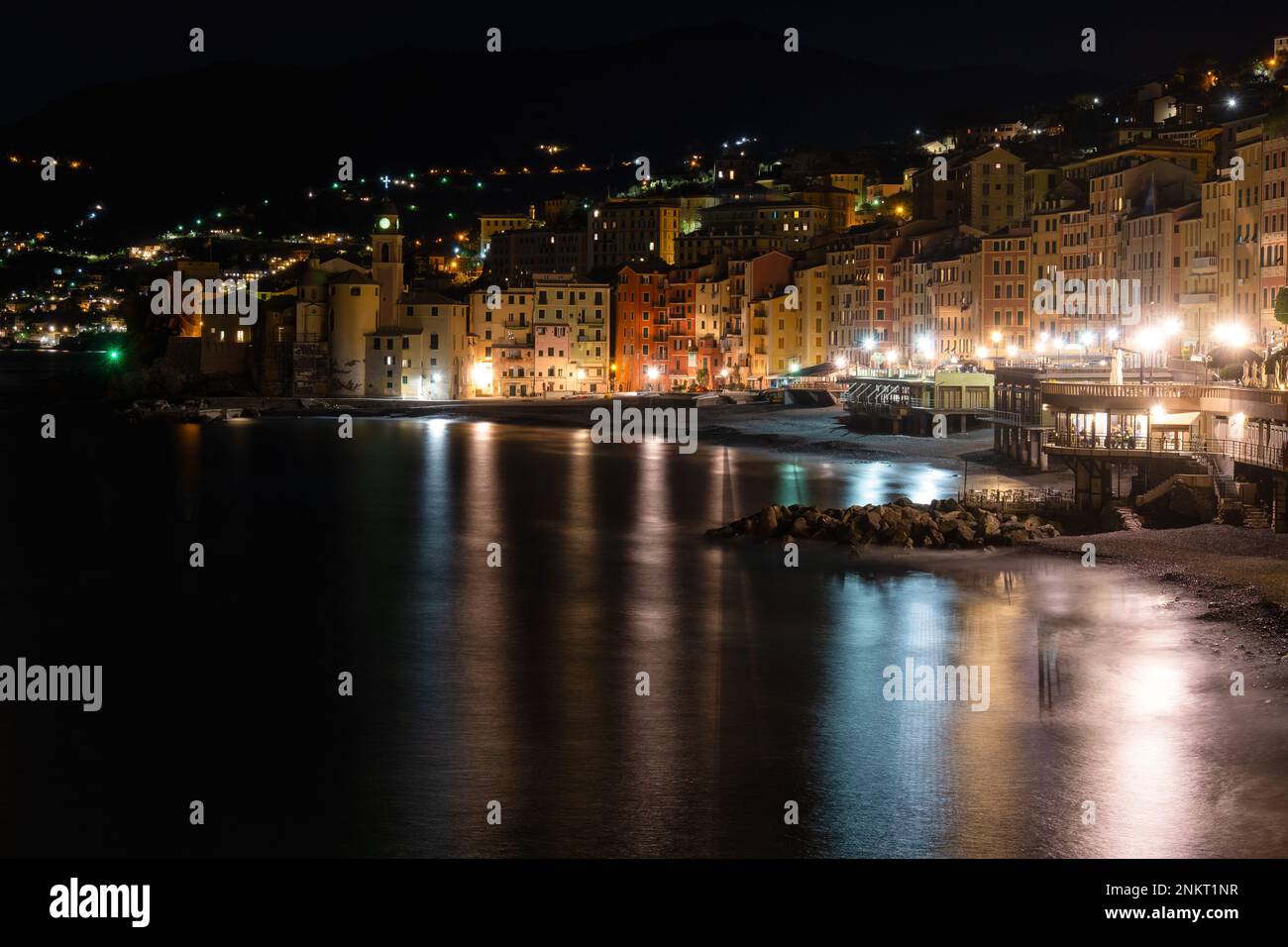 Italian riviera bay of Camogli village in Liguria at nighttime ...