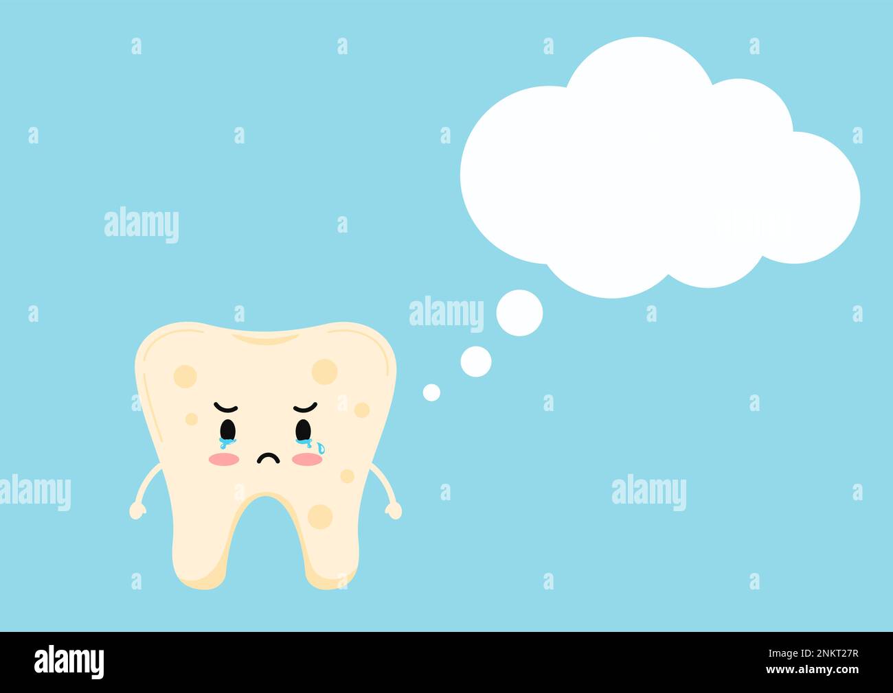 Sad tooth plaque icon with speech bubble cloud shape isolated on blue ...