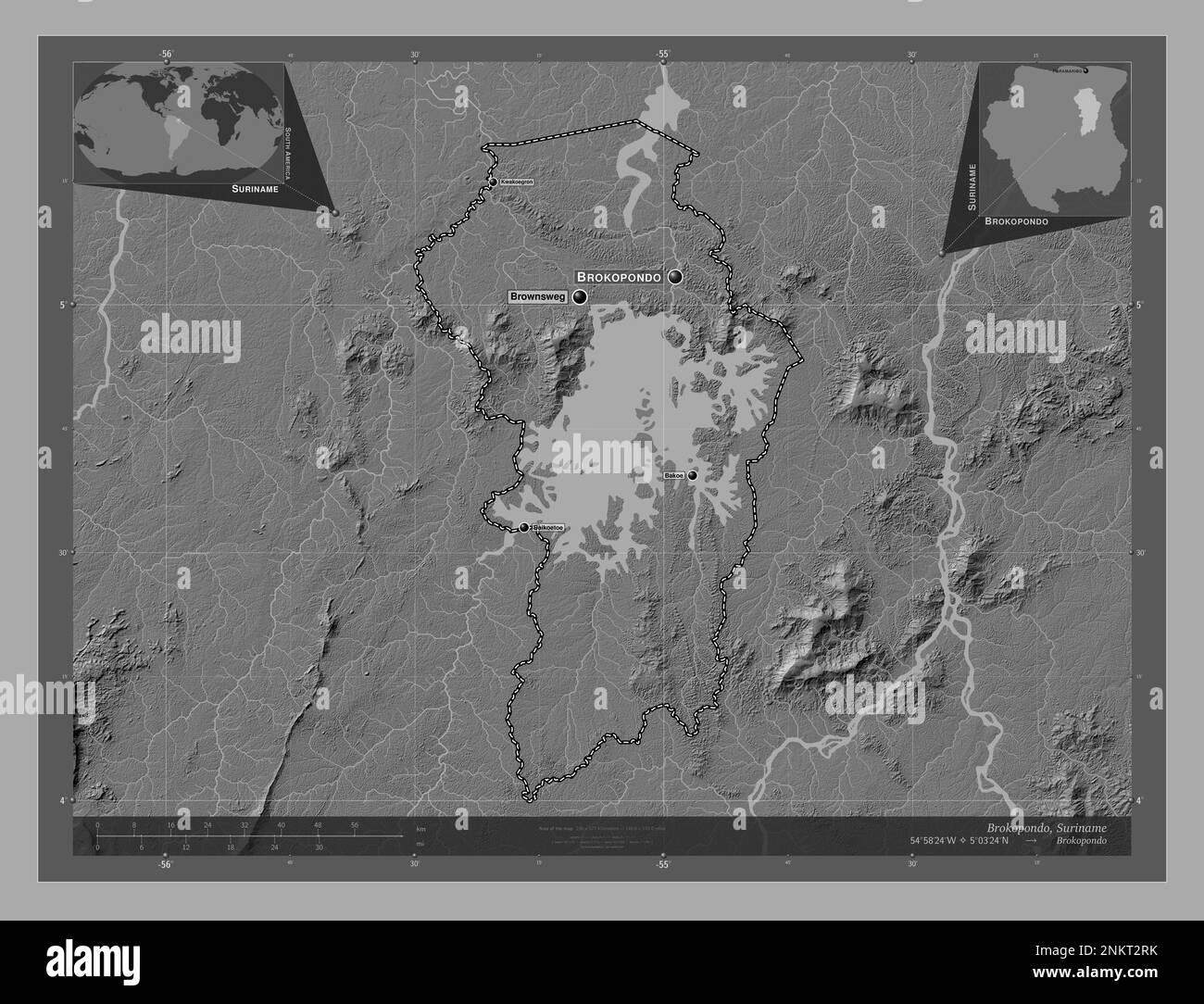 Brokopondo, district of Suriname. Bilevel elevation map with lakes and rivers. Locations and ...