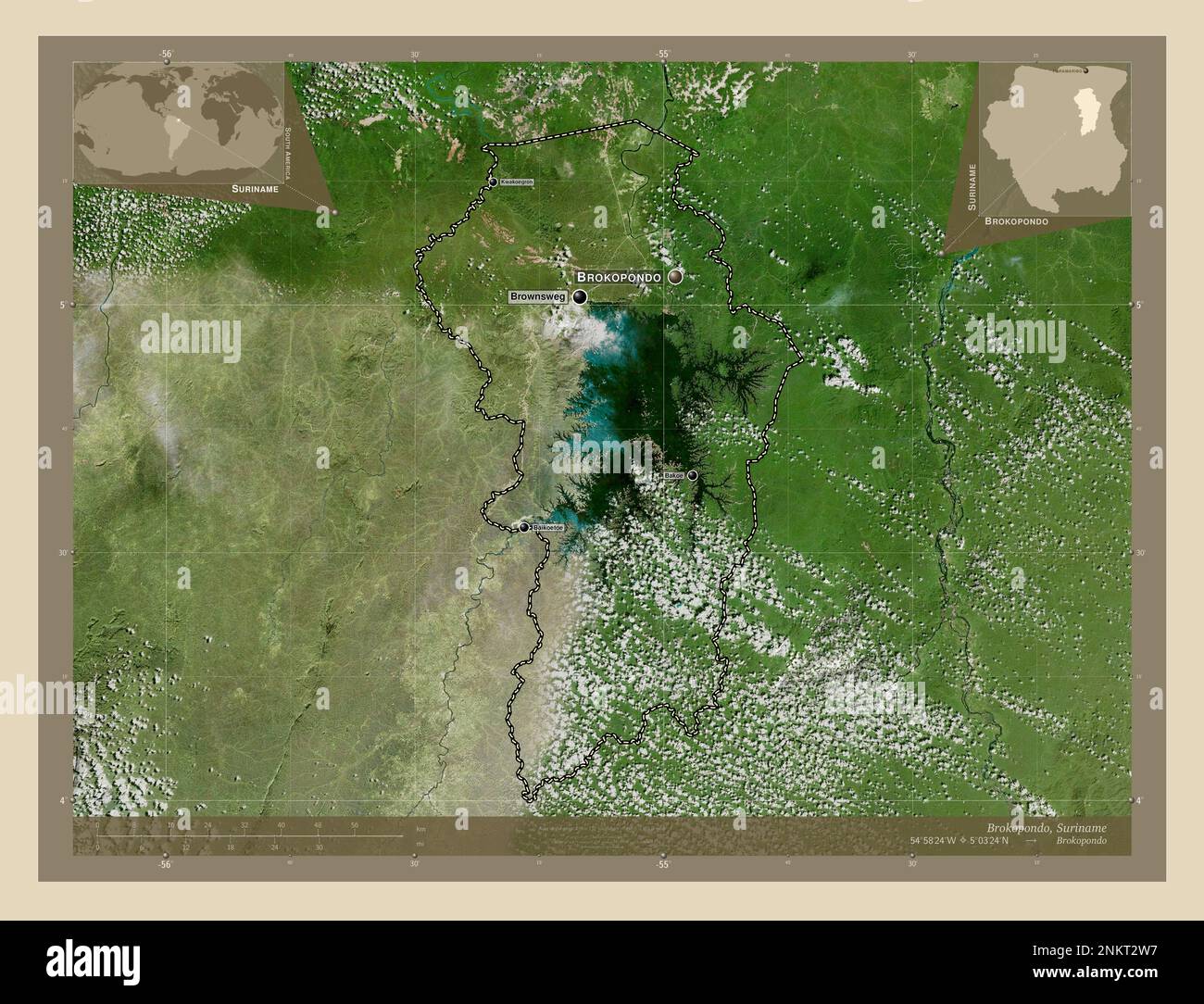 Brokopondo, district of Suriname. High resolution satellite map ...