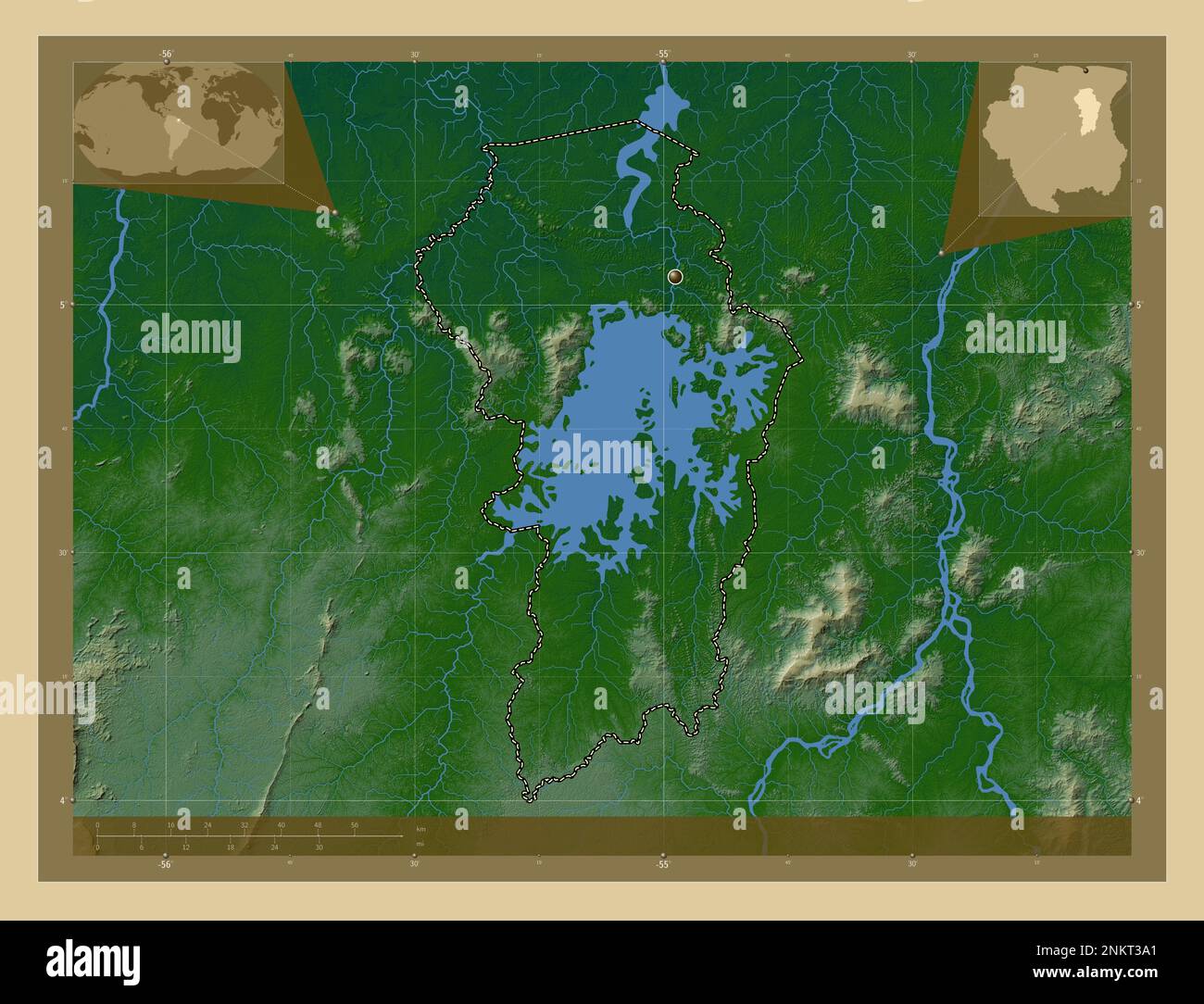 Brokopondo, district of Suriname. Colored elevation map with lakes and rivers. Corner auxiliary ...