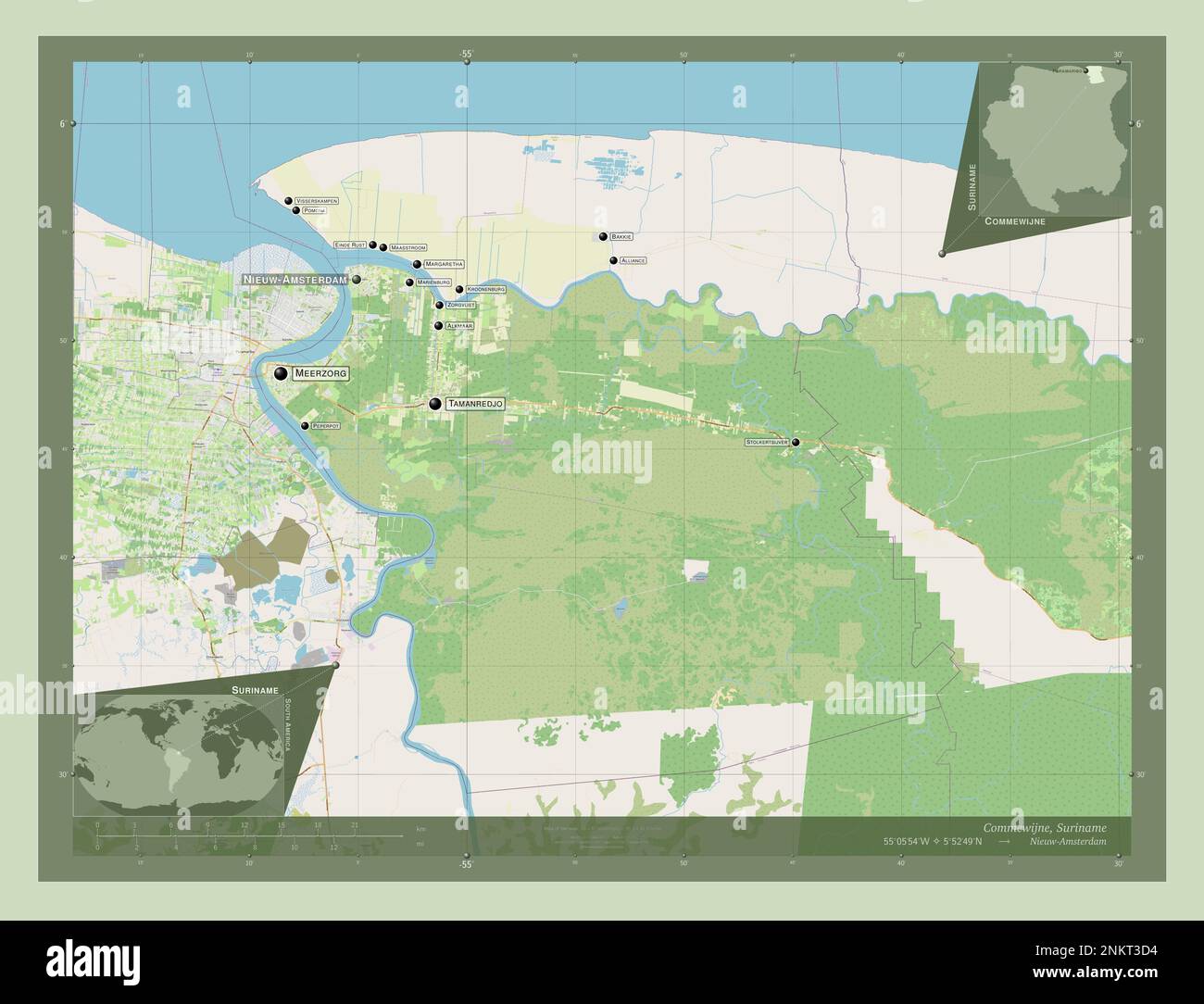 Commewijne, district of Suriname. Open Street Map. Locations and names ...