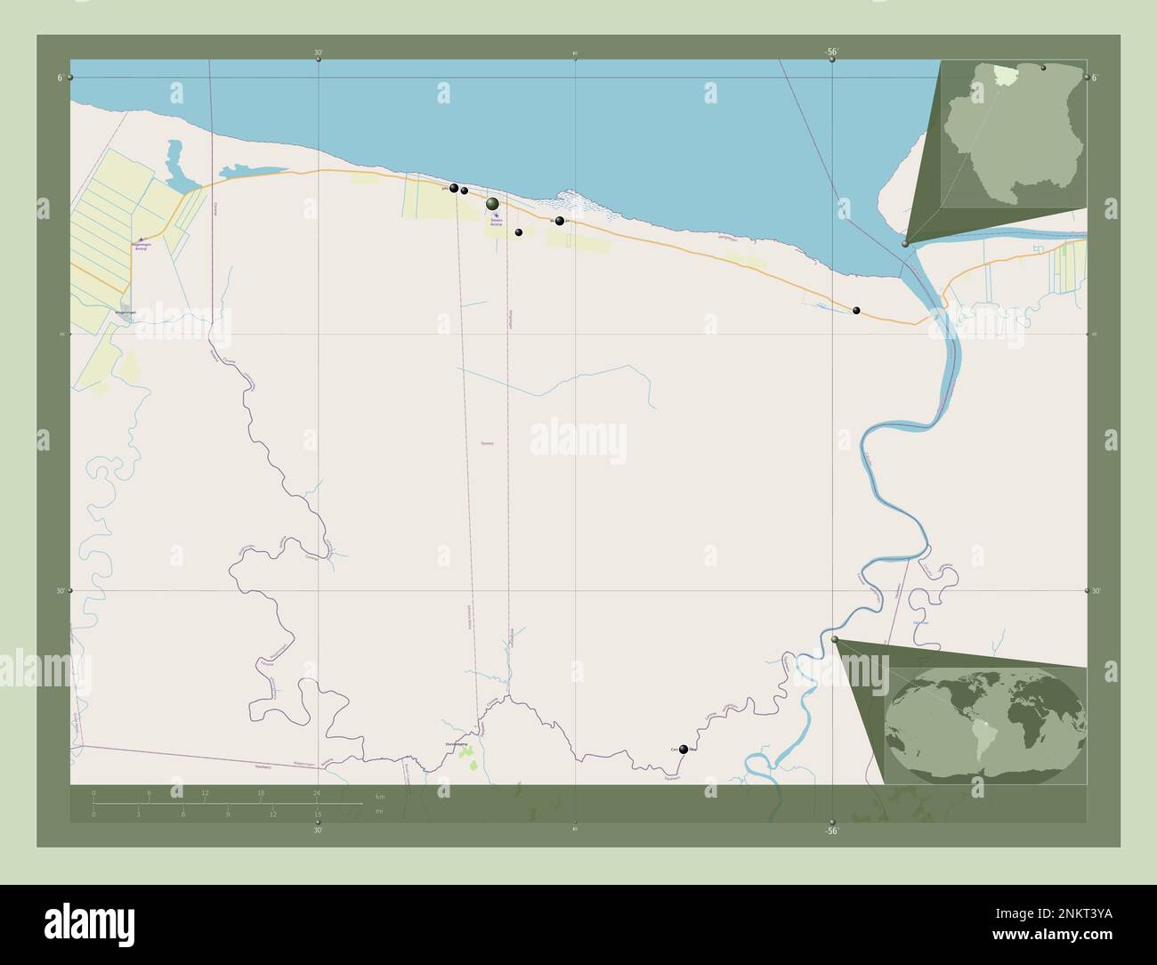 Coronie, district of Suriname. Open Street Map. Locations of major ...