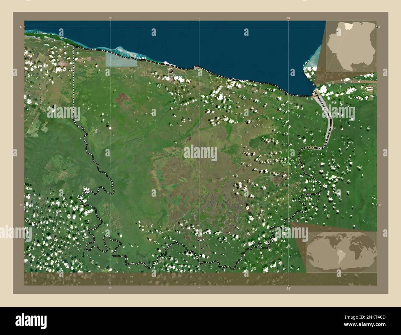 Coronie, district of Suriname. High resolution satellite map. Corner ...