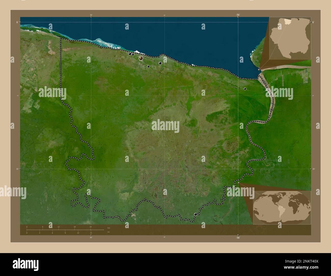 Coronie, district of Suriname. Low resolution satellite map. Locations ...