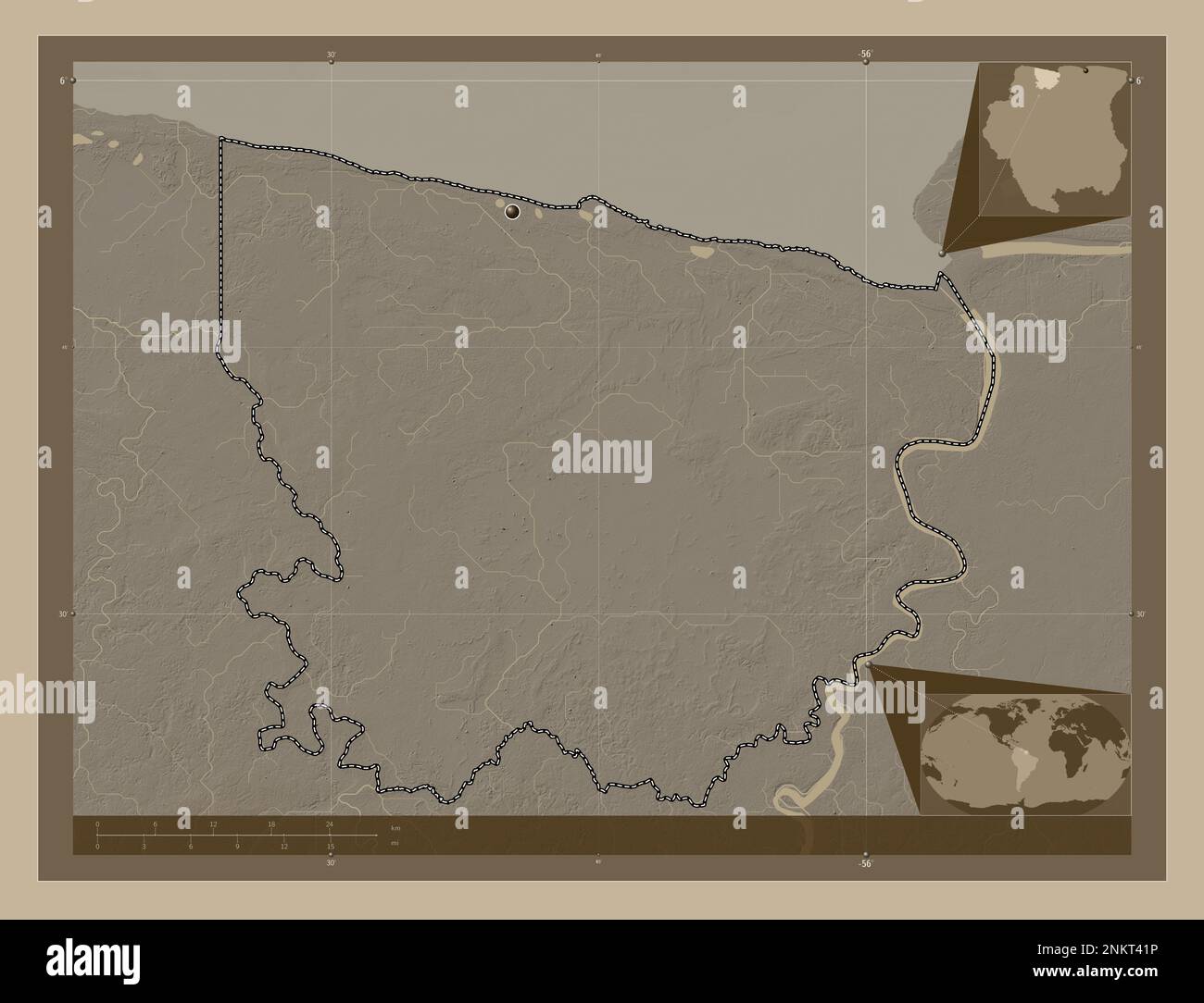 Coronie, district of Suriname. Elevation map colored in sepia tones ...