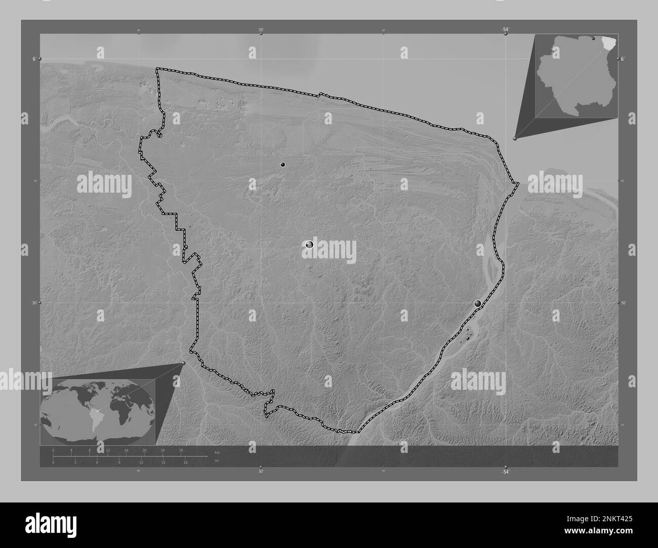 Marowijne, district of Suriname. Grayscale elevation map with lakes and ...