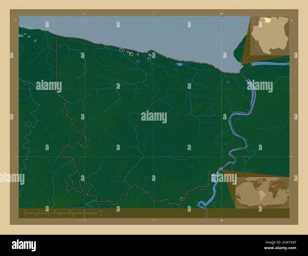 Coronie, district of Suriname. Colored elevation map with lakes and ...