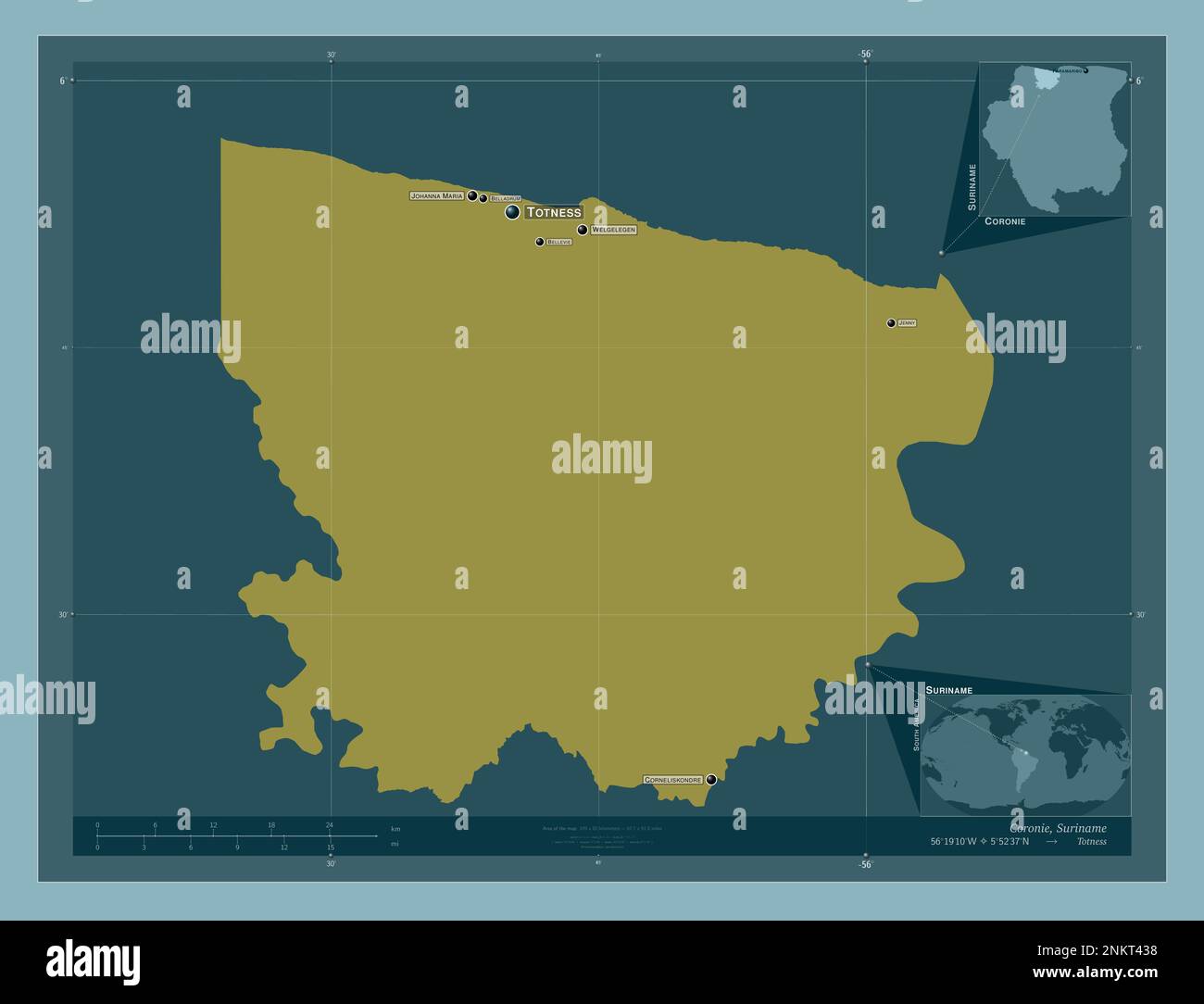 Coronie, district of Suriname. Solid color shape. Locations and names ...
