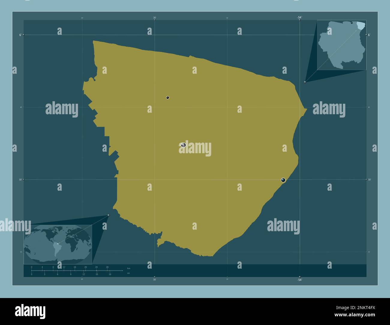 Marowijne, district of Suriname. Solid color shape. Locations of major ...