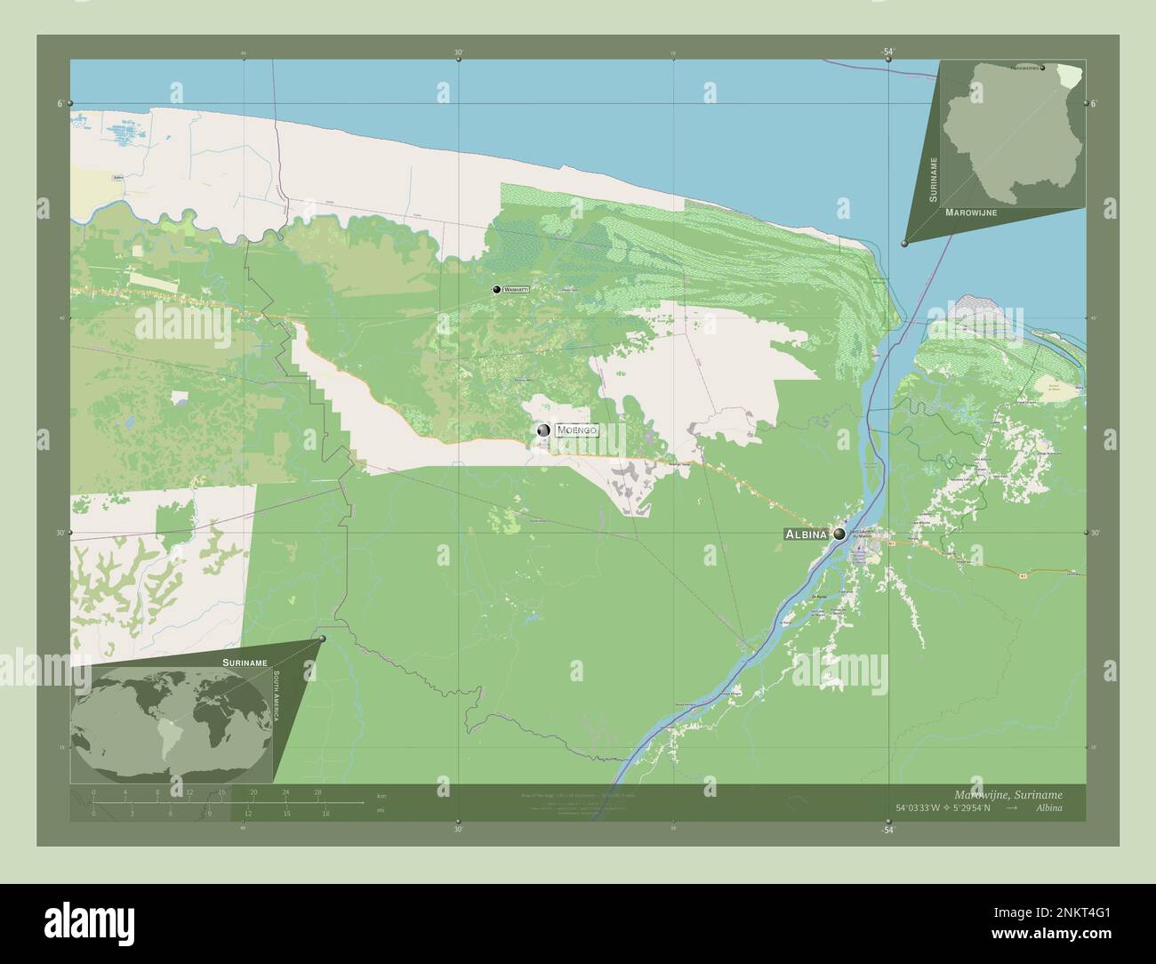 Marowijne, district of Suriname. Open Street Map. Locations and names of major cities of the ...