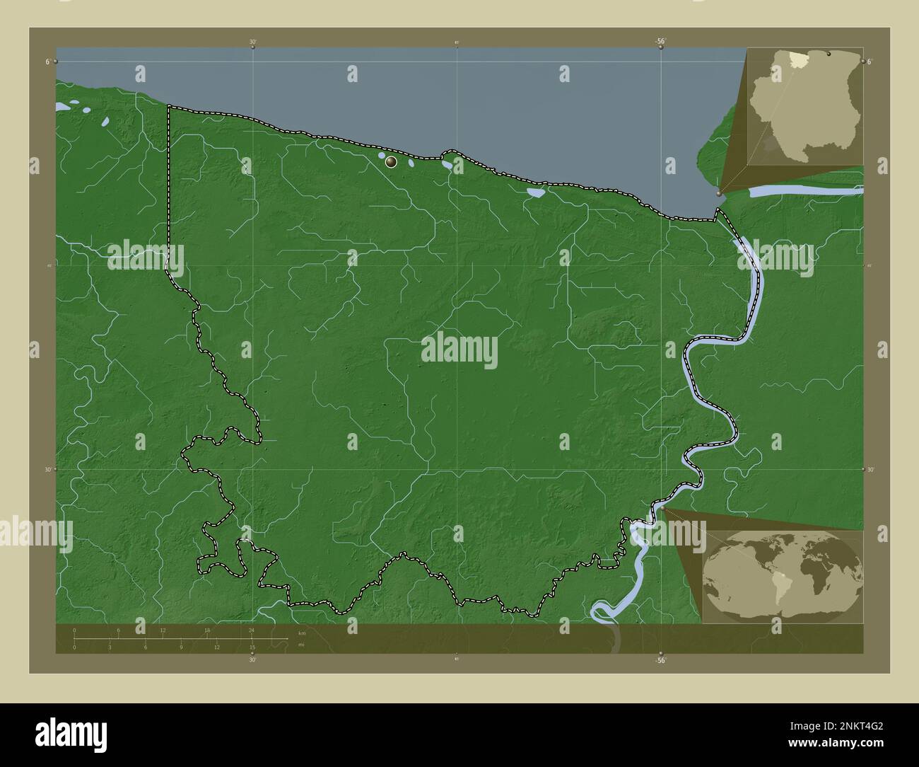Coronie, district of Suriname. Elevation map colored in wiki style with ...