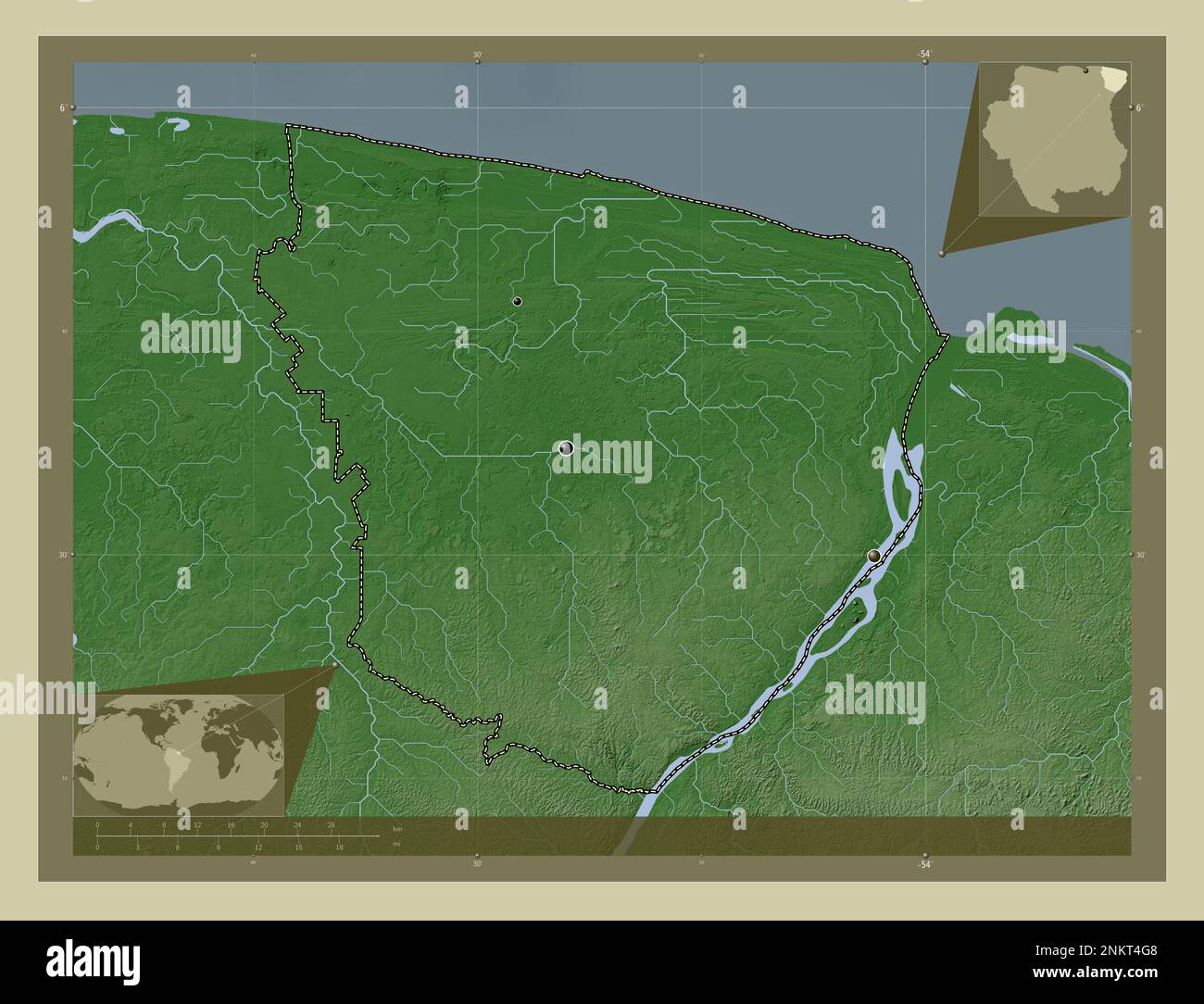 Marowijne, district of Suriname. Elevation map colored in wiki style ...