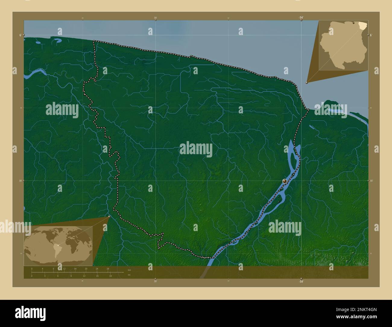 Marowijne, district of Suriname. Colored elevation map with lakes and rivers. Corner auxiliary ...