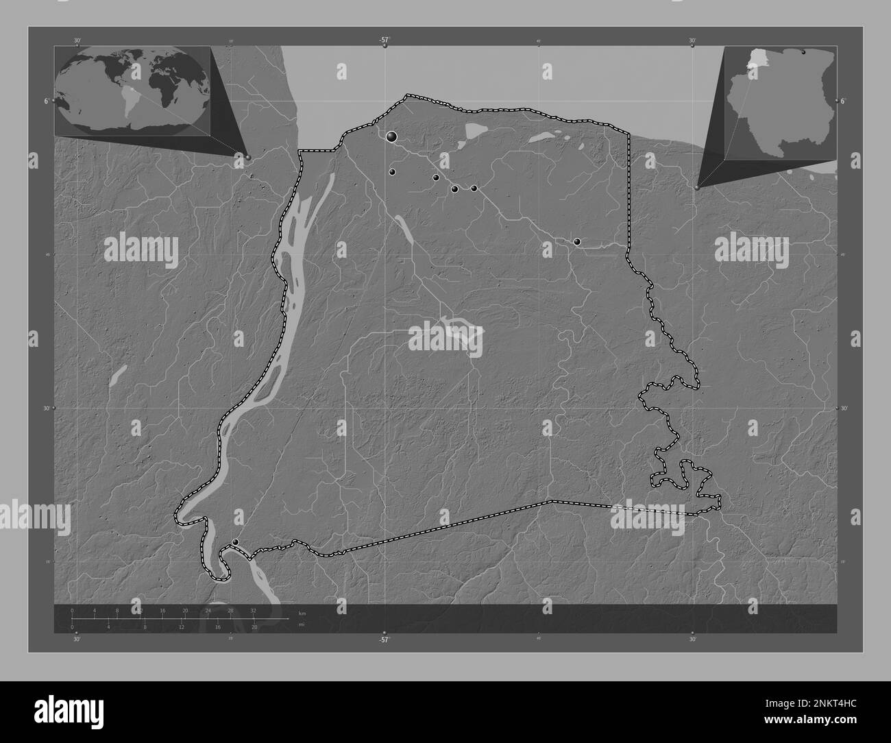 Nickerie, district of Suriname. Bilevel elevation map with lakes and ...