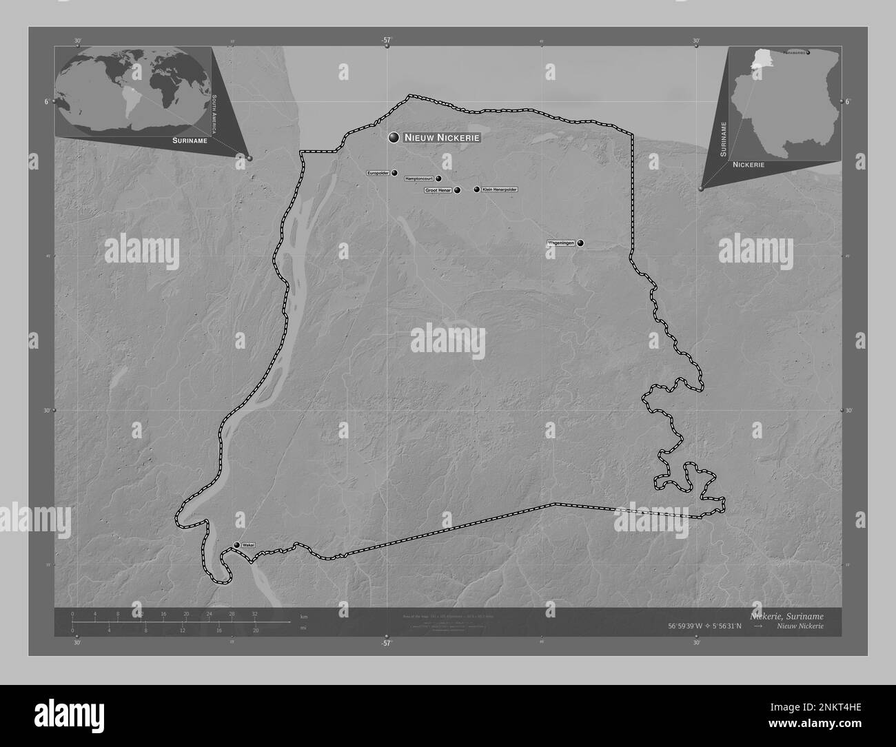 Nickerie, district of Suriname. Grayscale elevation map with lakes and ...