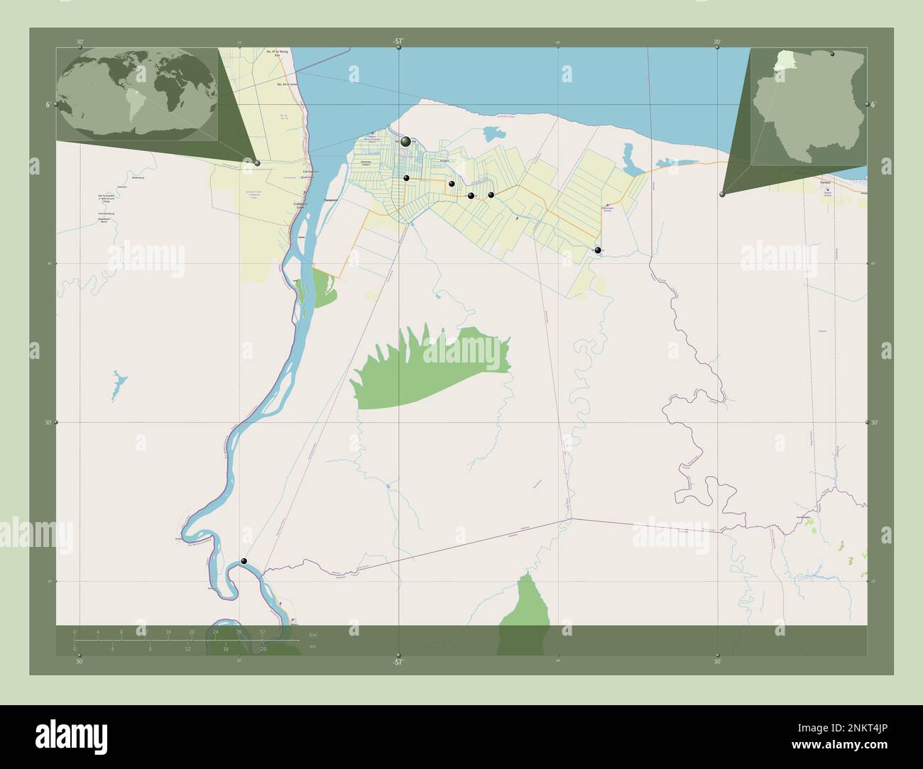 Nickerie, district of Suriname. Open Street Map. Locations of major ...