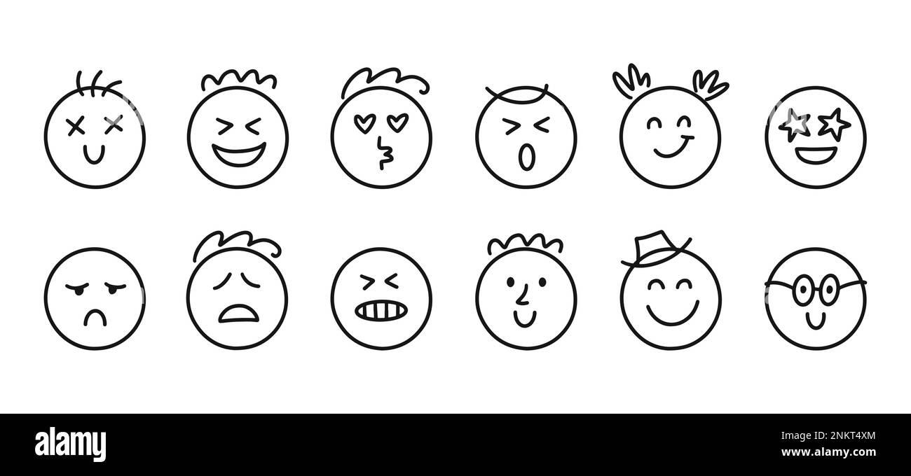 Fun Emoji Icon Set, Line Art Emoticon Doodle Faces Stock Vector Image ...