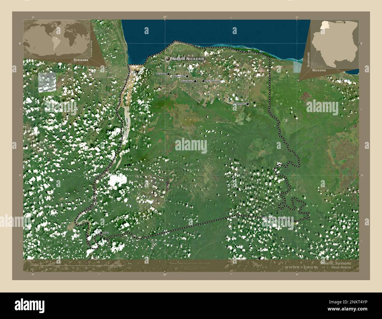 Nickerie, district of Suriname. High resolution satellite map ...