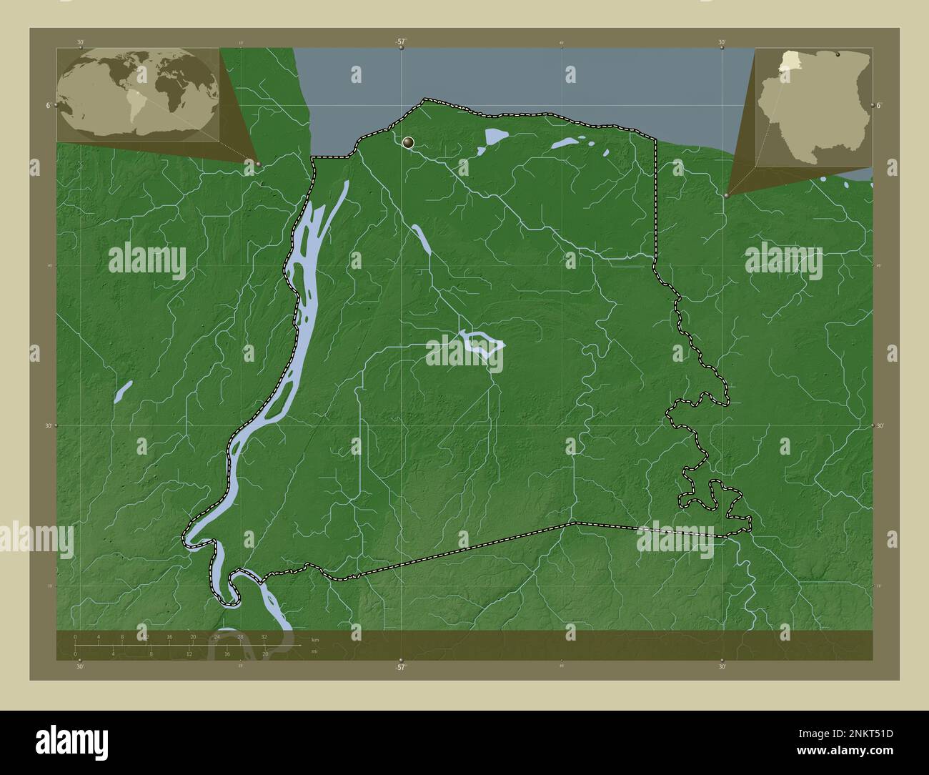 Nickerie, district of Suriname. Elevation map colored in wiki style ...