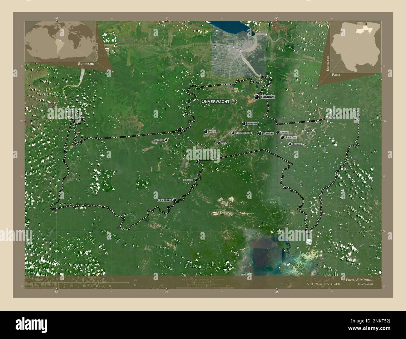 Para, district of Suriname. High resolution satellite map. Locations ...