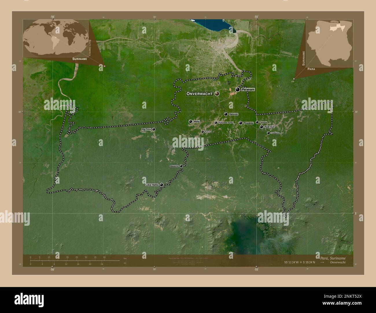 Para, district of Suriname. Low resolution satellite map. Locations and ...
