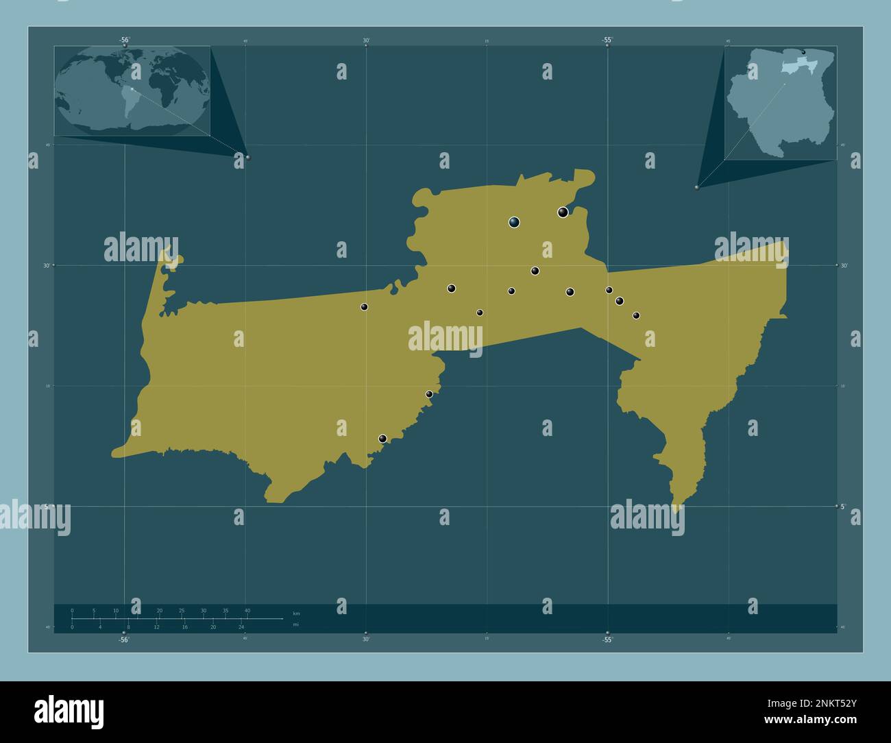 Para, district of Suriname. Solid color shape. Locations of major ...