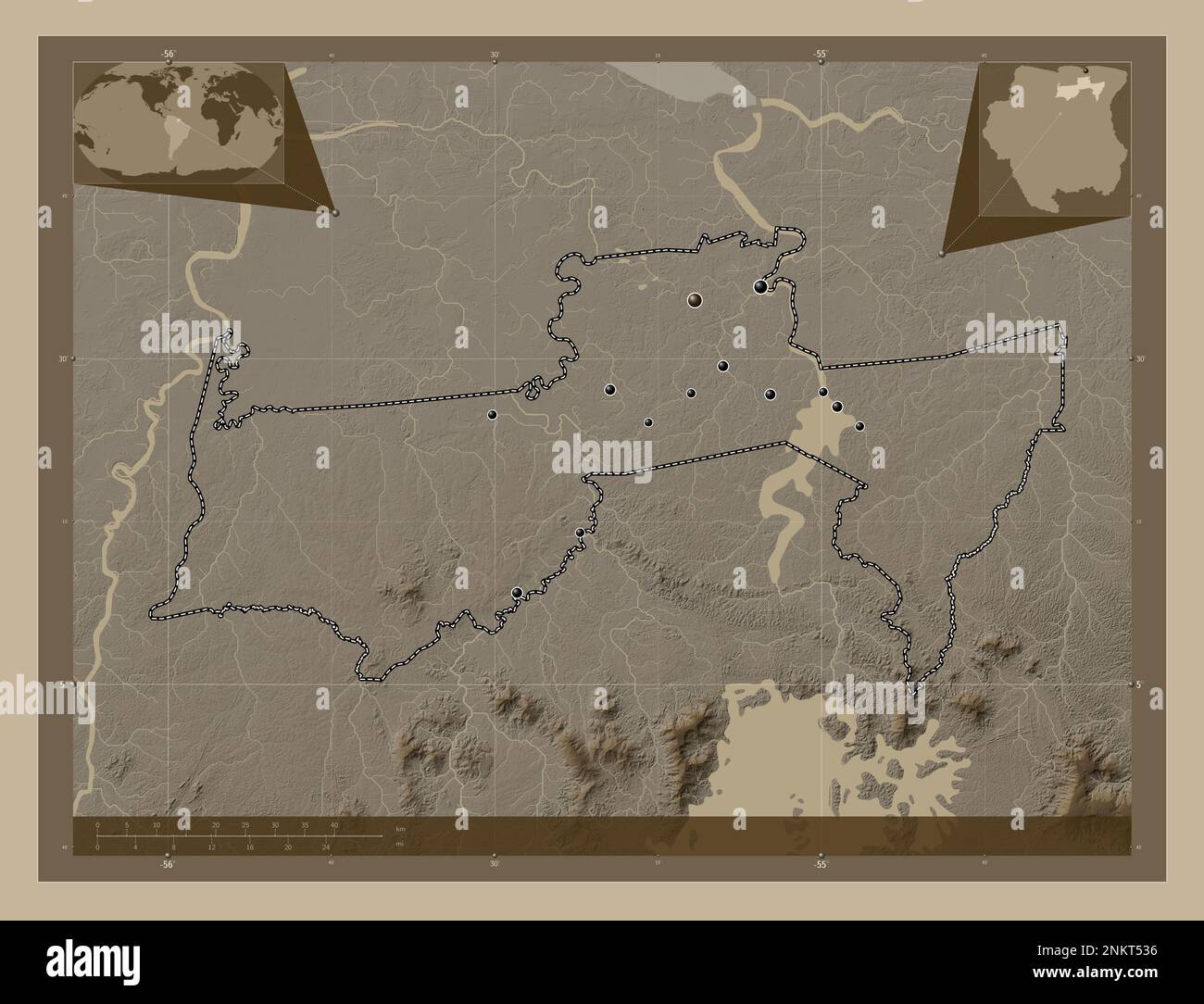 Para, district of Suriname. Elevation map colored in sepia tones with ...
