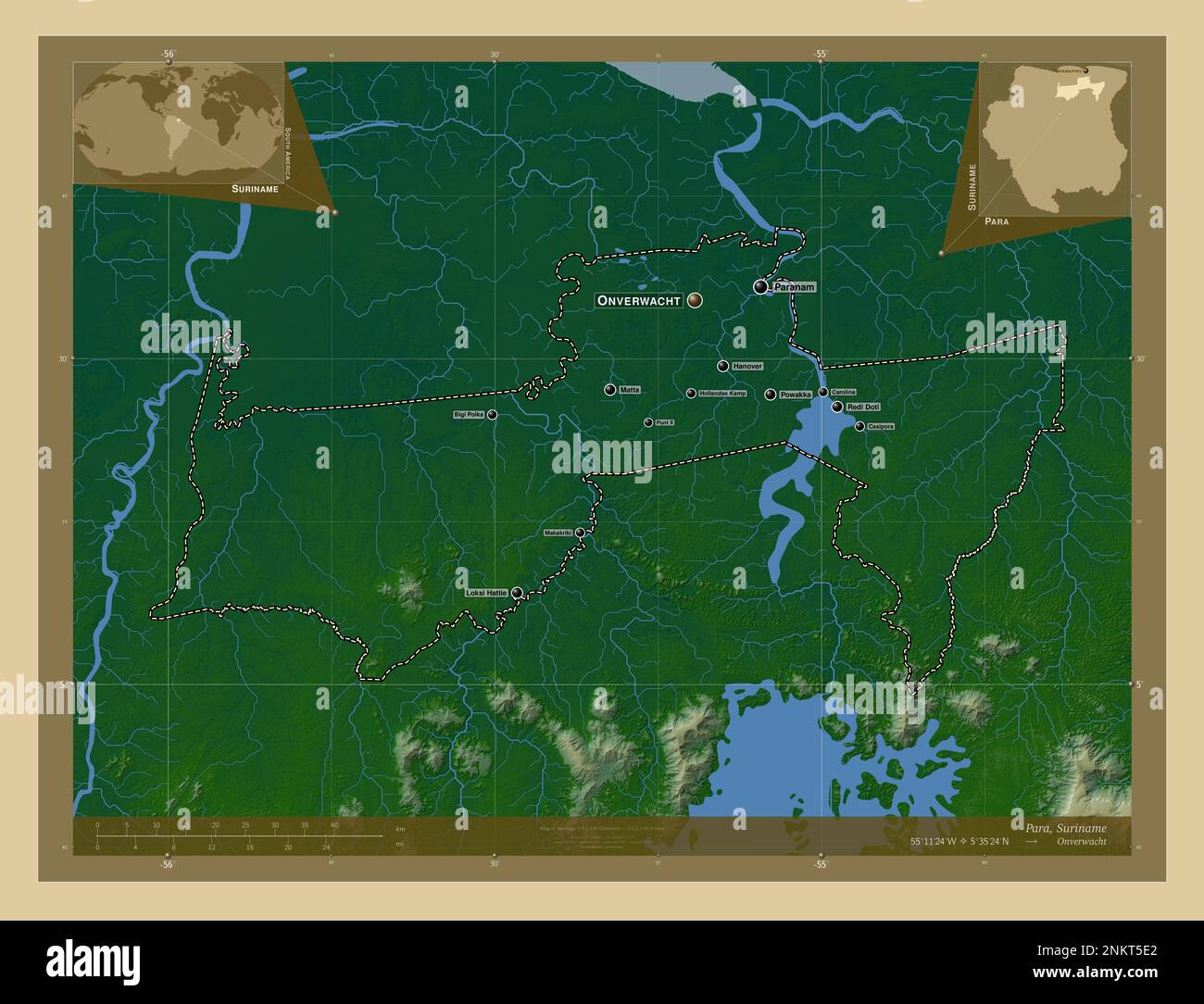 Para, district of Suriname. Colored elevation map with lakes and rivers ...