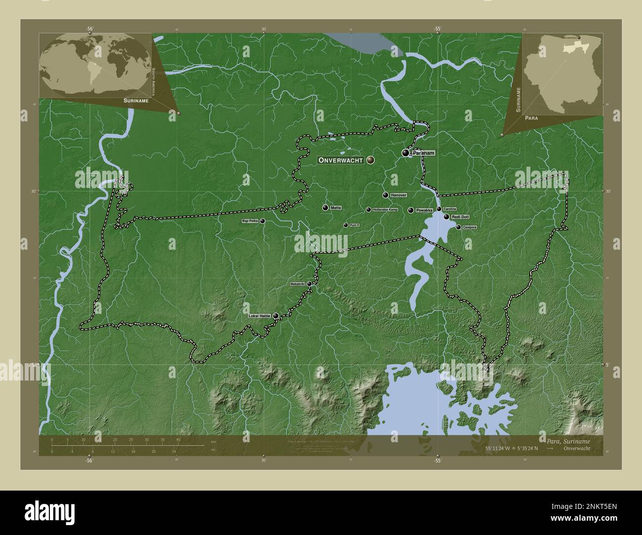 Para, district of Suriname. Elevation map colored in wiki style with ...