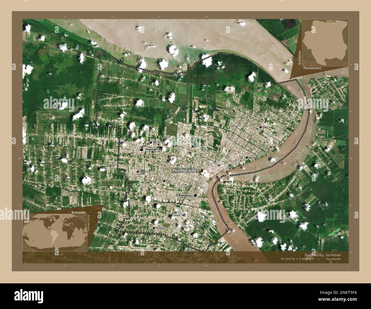 Paramaribo, district of Suriname. Low resolution satellite map ...