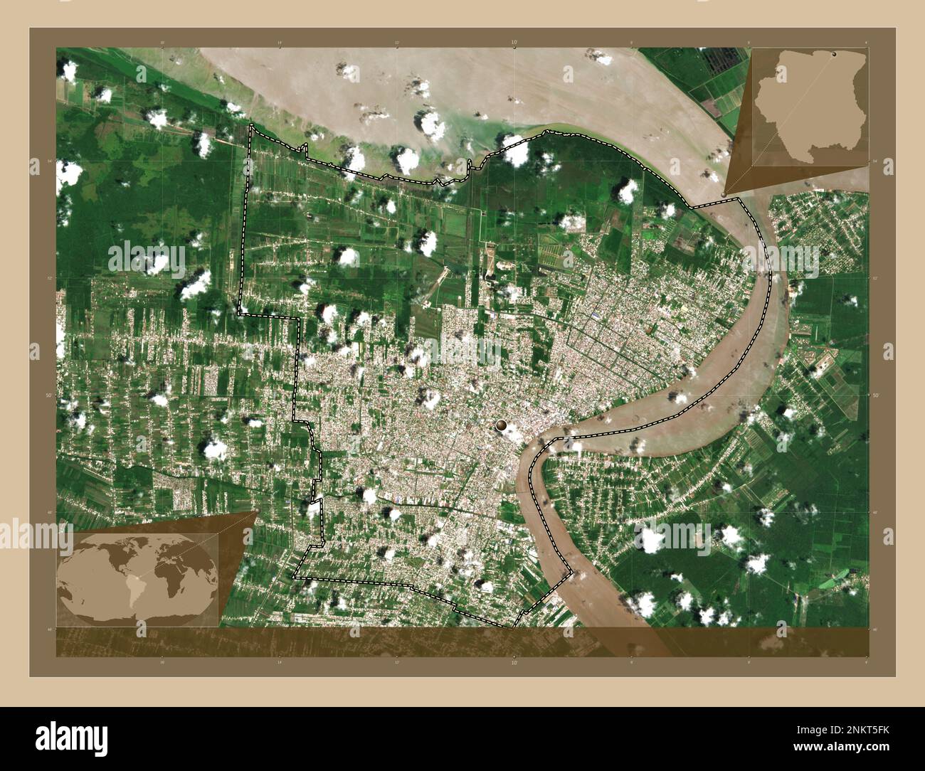Paramaribo, district of Suriname. Low resolution satellite map. Corner ...