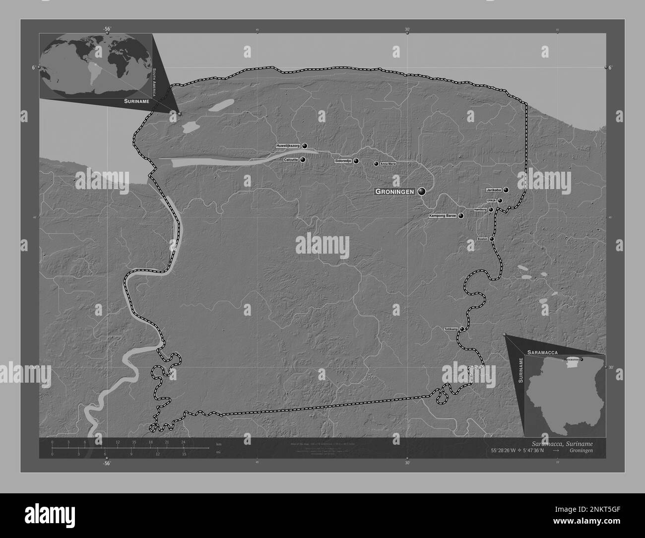 Saramacca, district of Suriname. Bilevel elevation map with lakes and ...