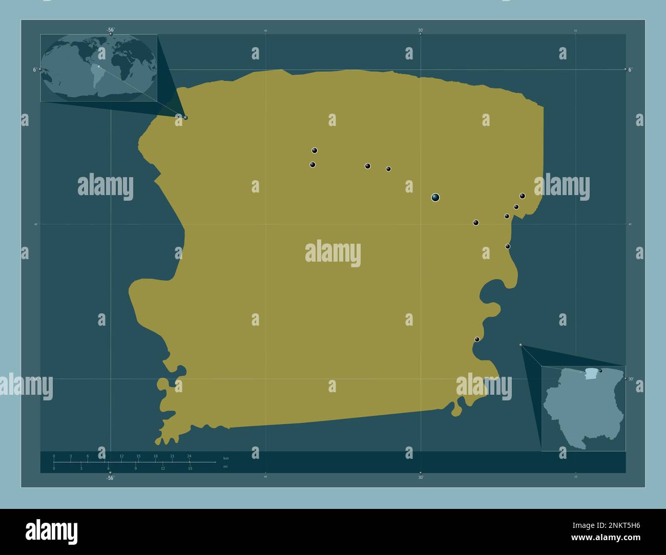 Saramacca, district of Suriname. Solid color shape. Locations of major ...