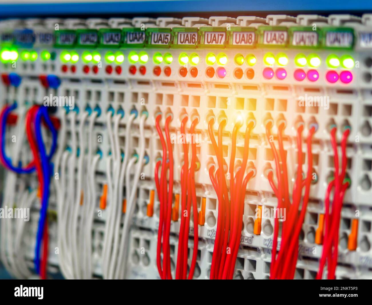 Network cables connected to switch. Many multi-colored wires connected ...