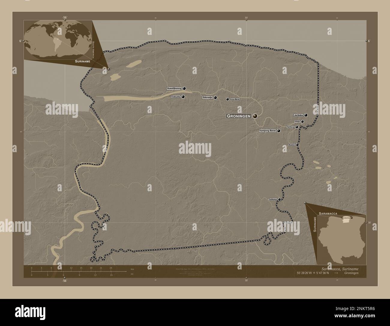 Saramacca, district of Suriname. Elevation map colored in sepia tones ...