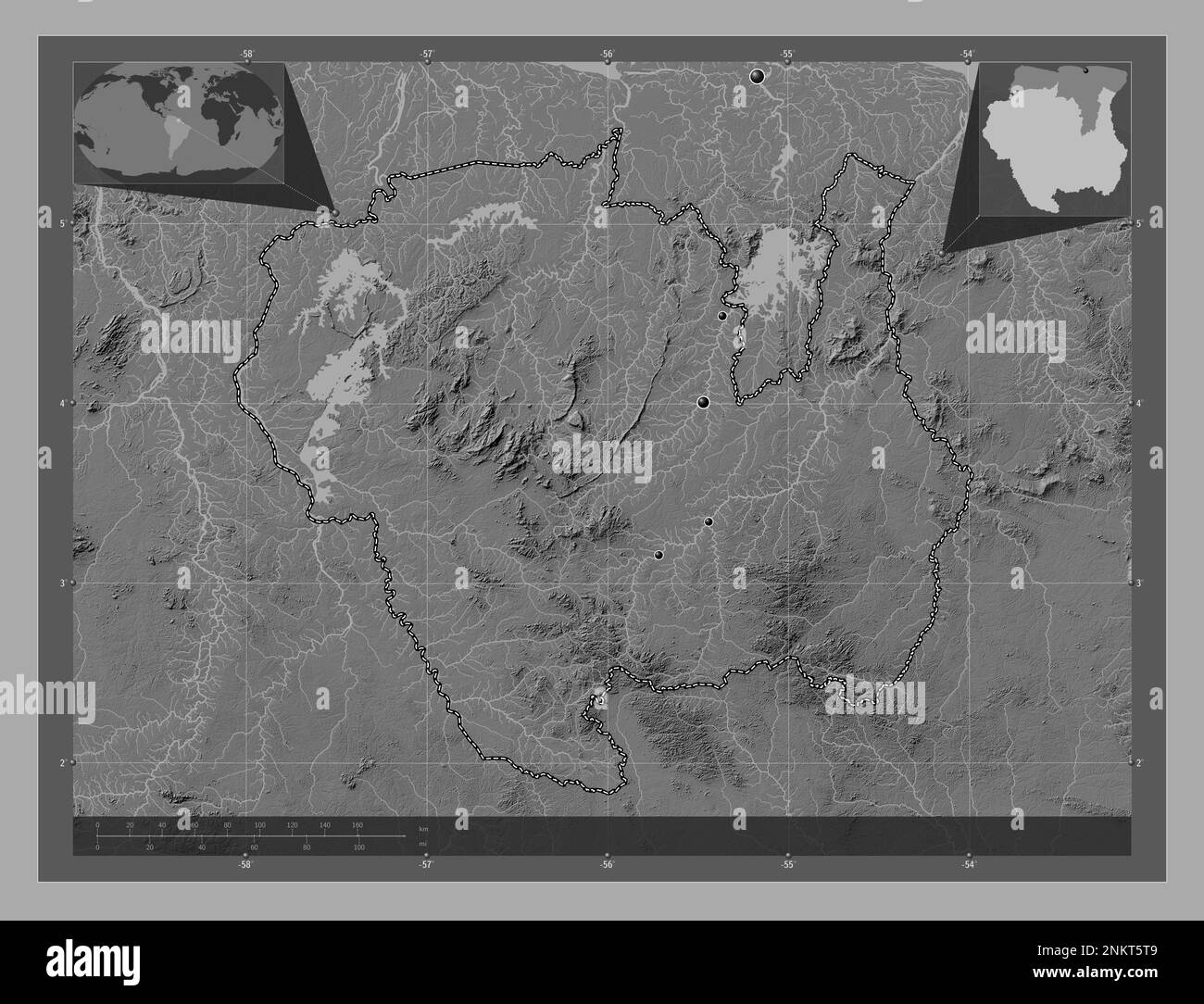 Sipaliwini, district of Suriname. Bilevel elevation map with lakes and ...