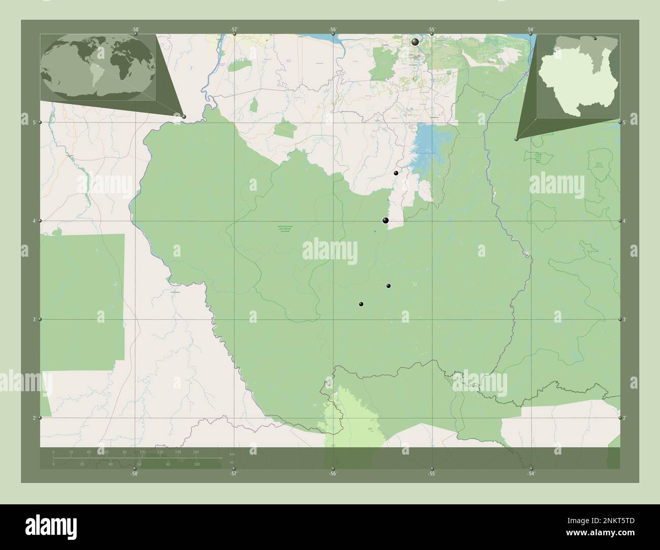 Sipaliwini, district of Suriname. Open Street Map. Locations of major cities of the region ...