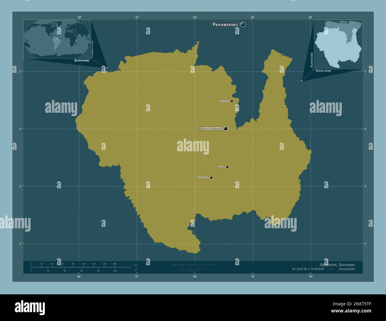 Sipaliwini, district of Suriname. Solid color shape. Locations and ...