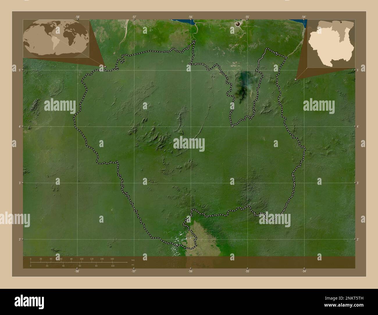 Sipaliwini, district of Suriname. Low resolution satellite map. Corner ...