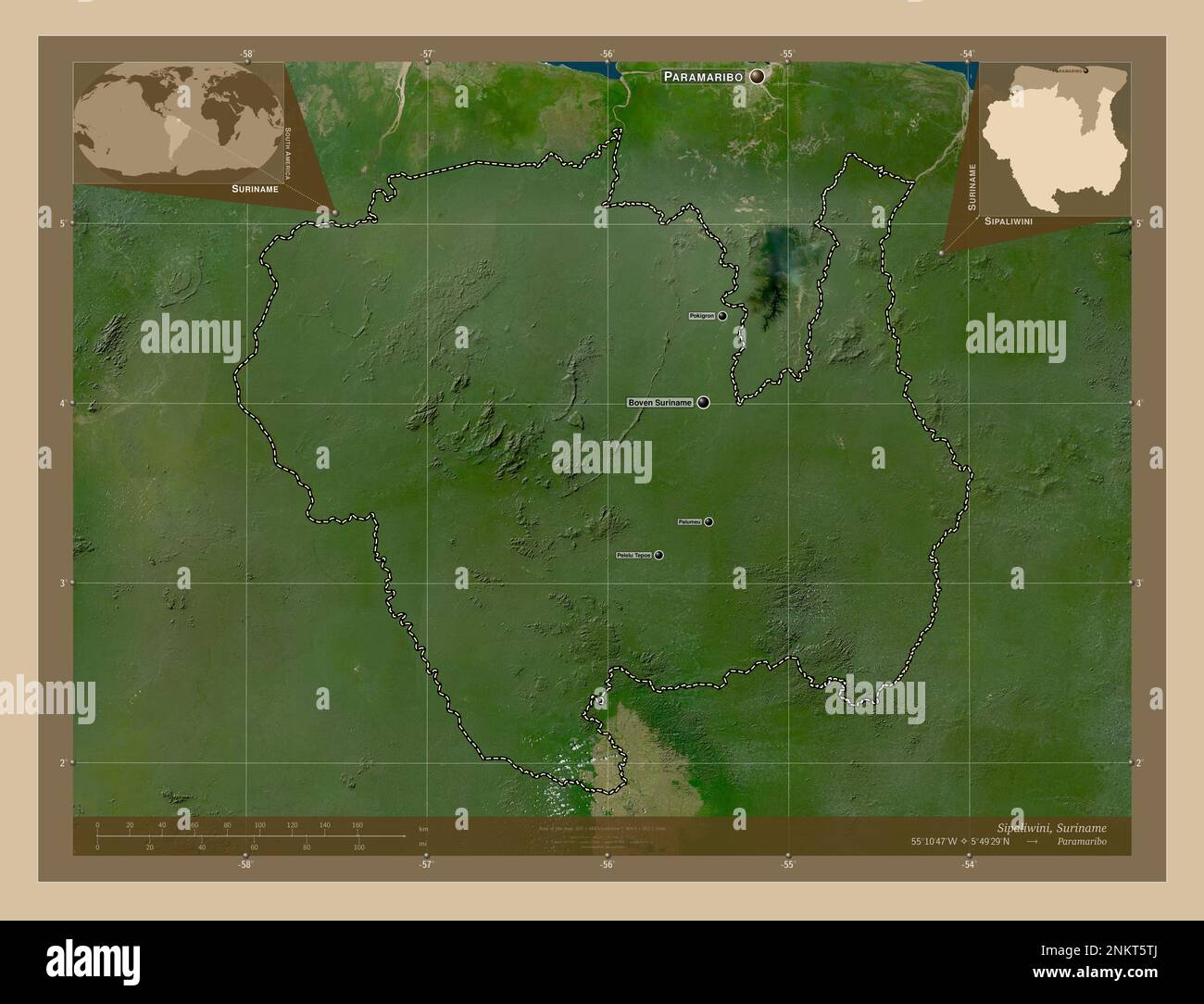 Sipaliwini, district of Suriname. Low resolution satellite map ...