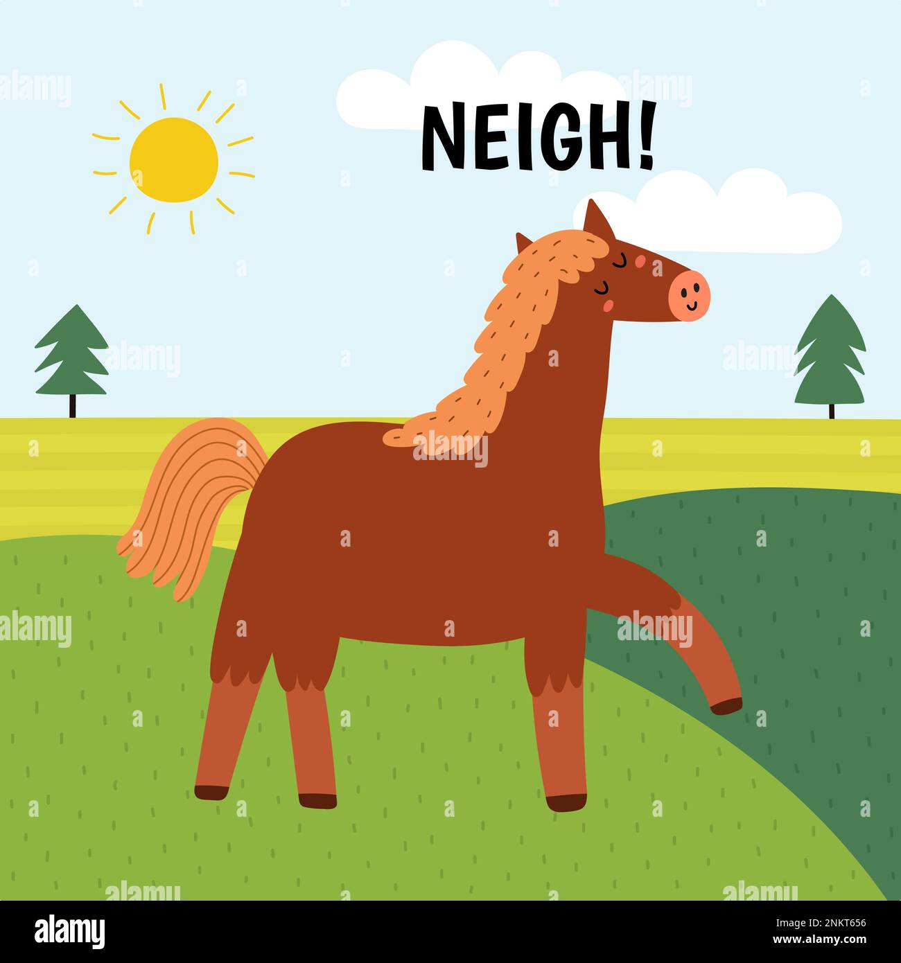 A horse saying neigh print. Cute farm character on a green pasture ...