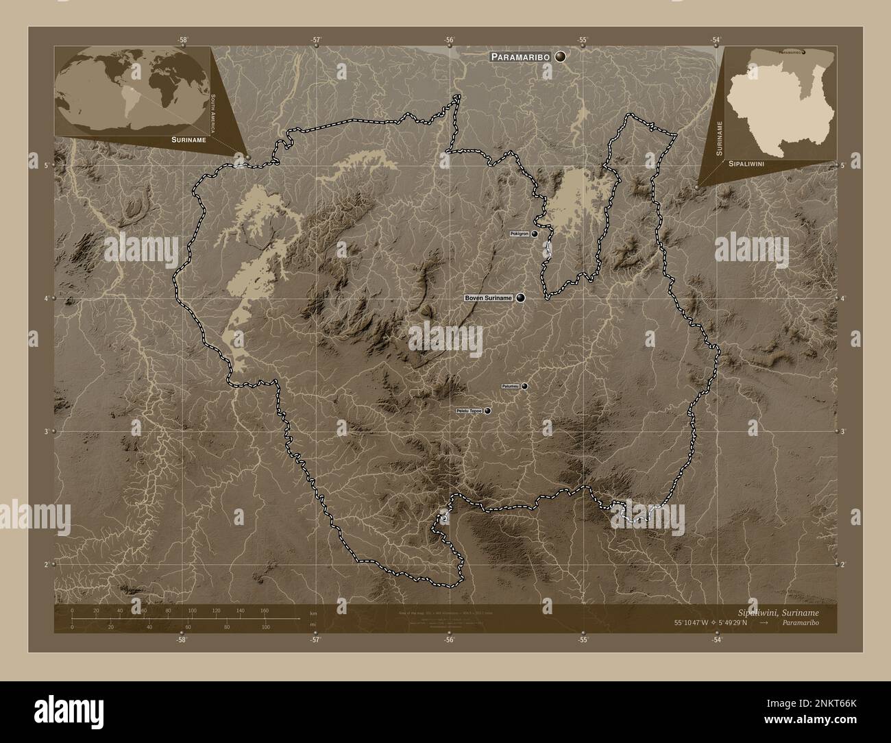 Sipaliwini, district of Suriname. Elevation map colored in sepia tones ...