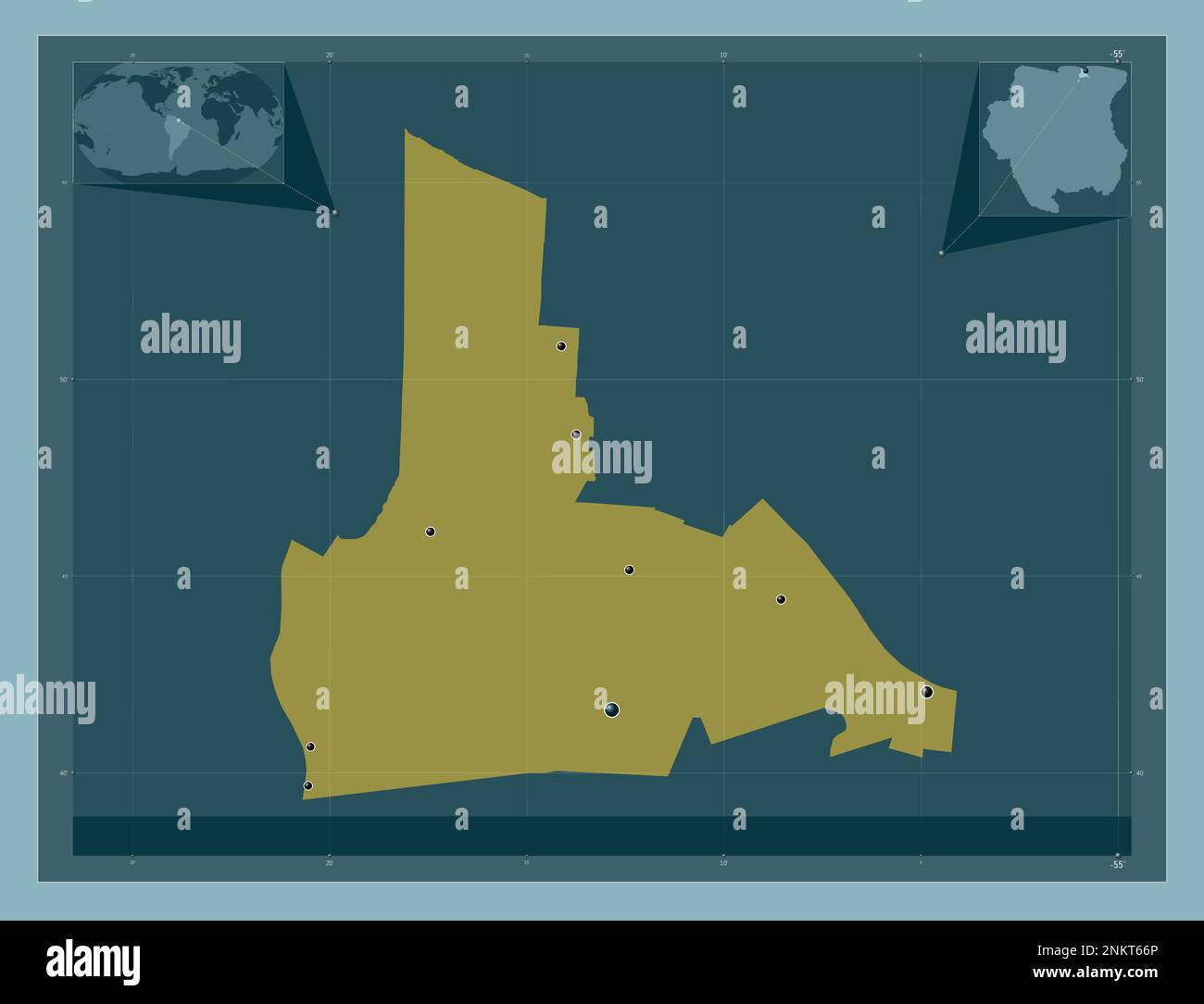 Wanica, district of Suriname. Solid color shape. Locations of major ...