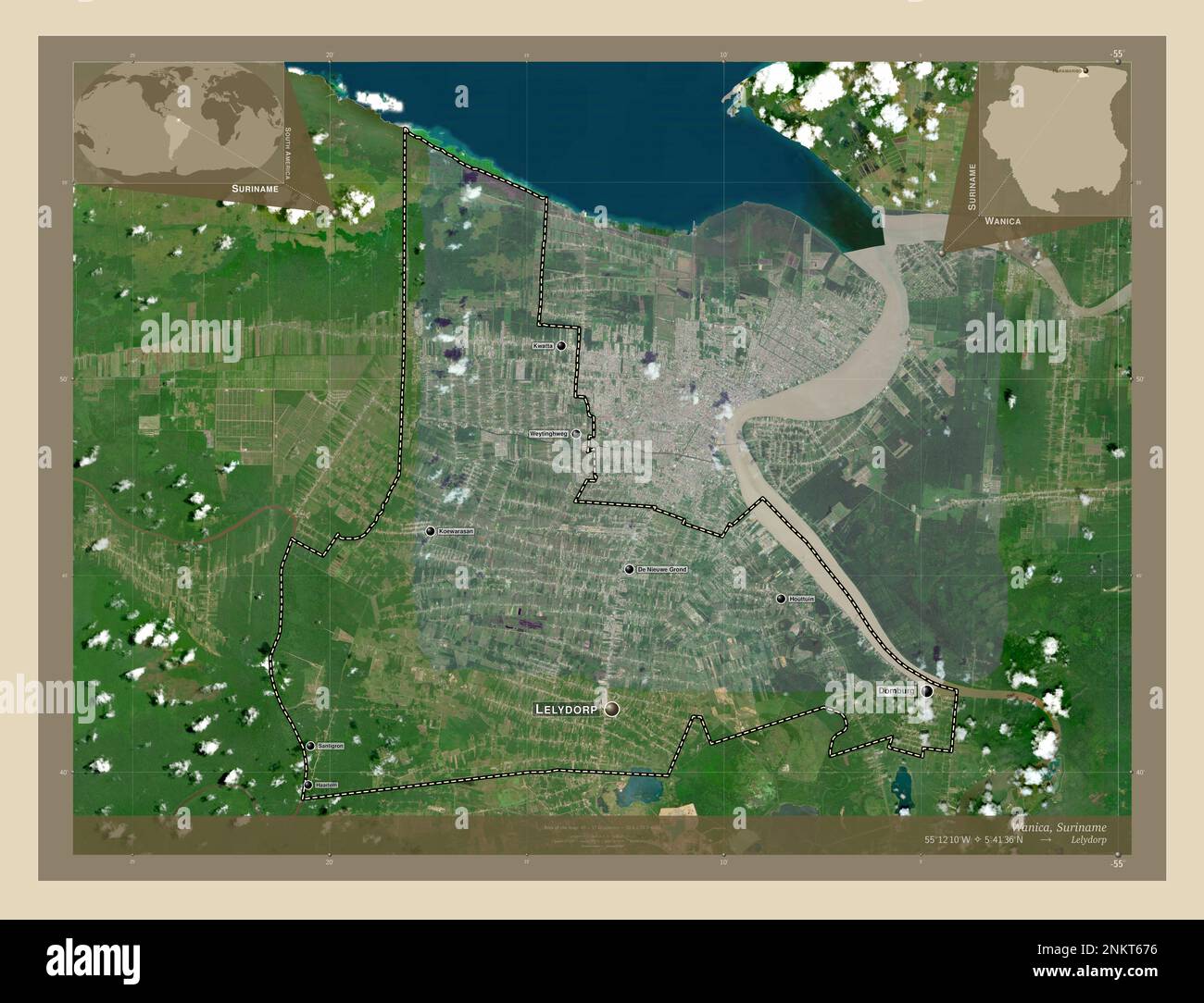 Wanica, district of Suriname. High resolution satellite map. Locations ...