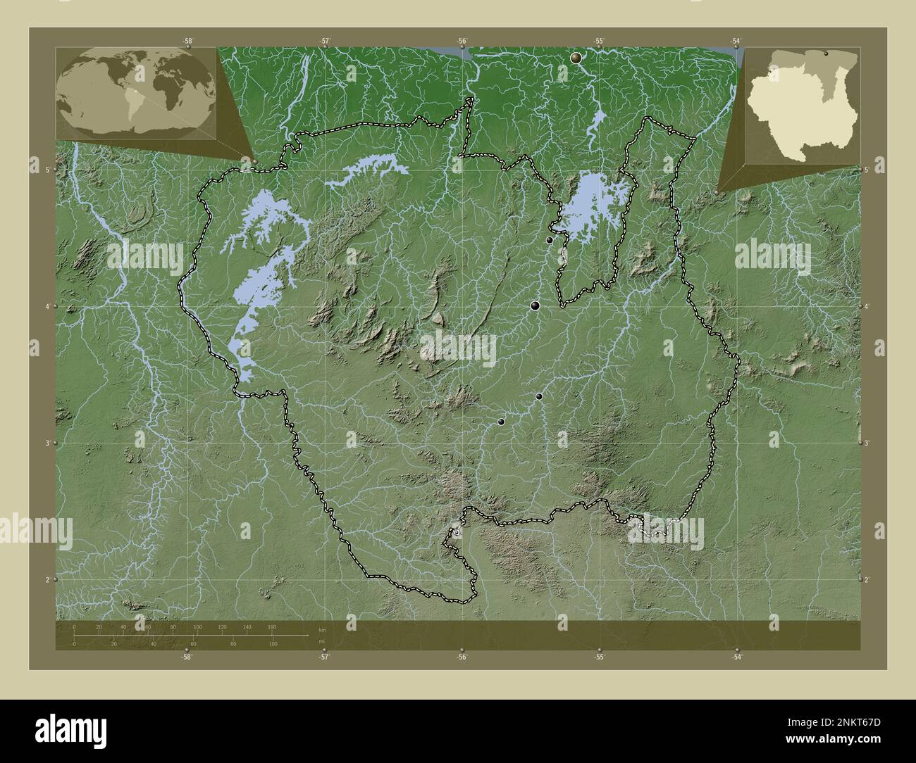 Sipaliwini, district of Suriname. Elevation map colored in wiki style ...