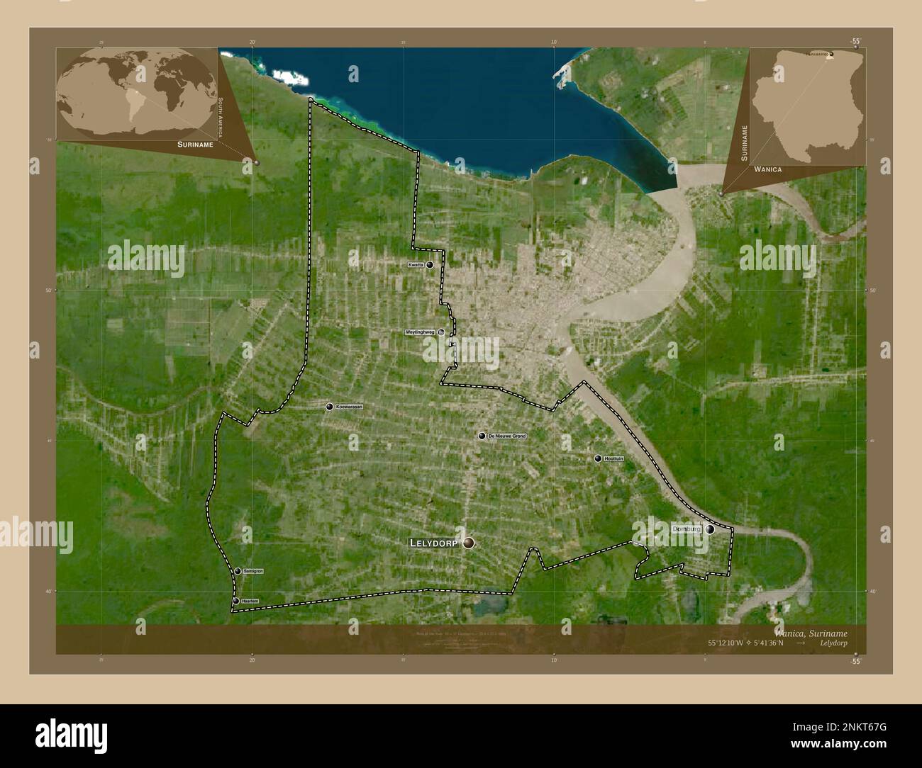 Wanica, district of Suriname. Low resolution satellite map. Locations ...