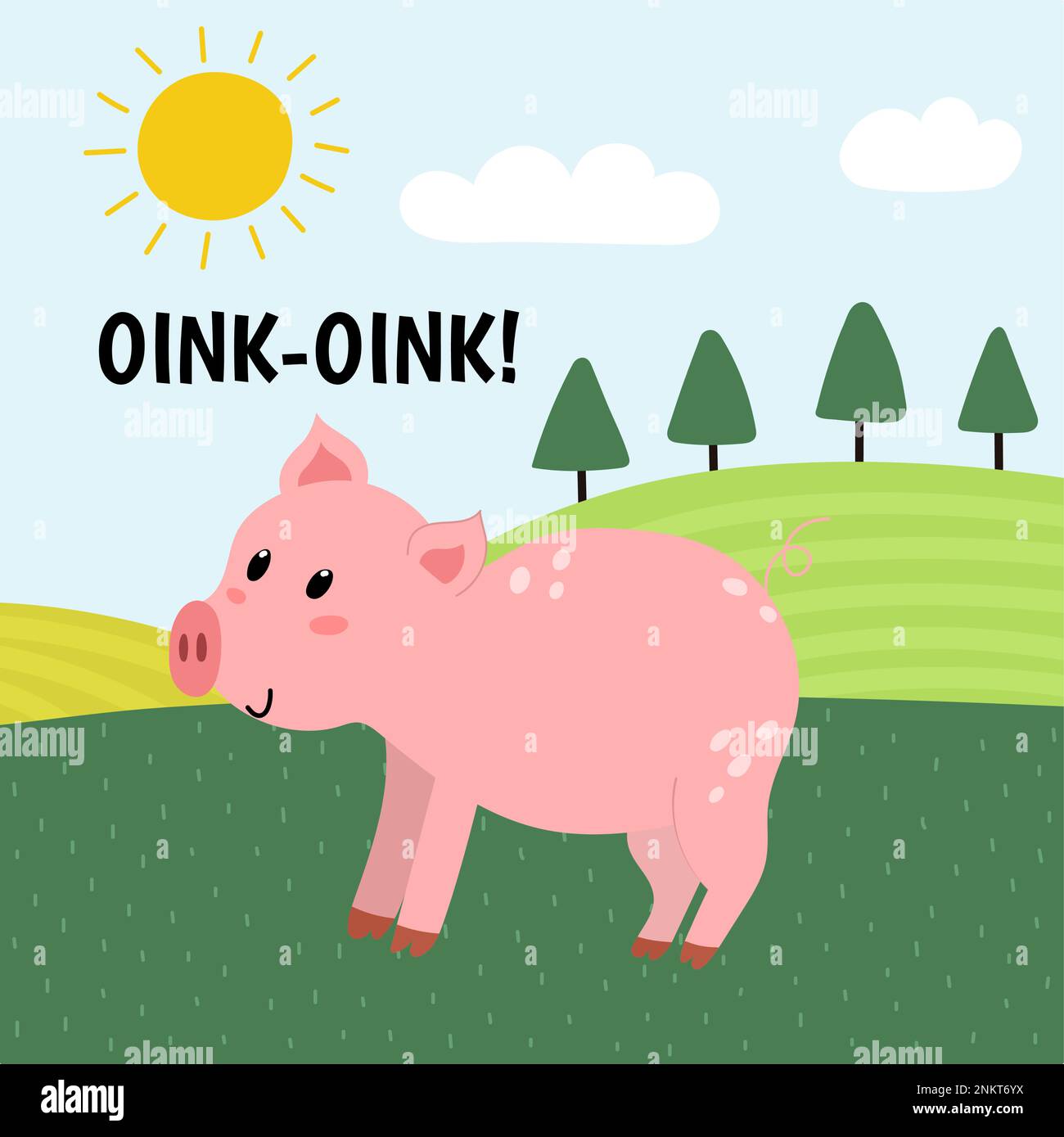 Pig saying oink print. Cute farm character on a green pasture making a ...